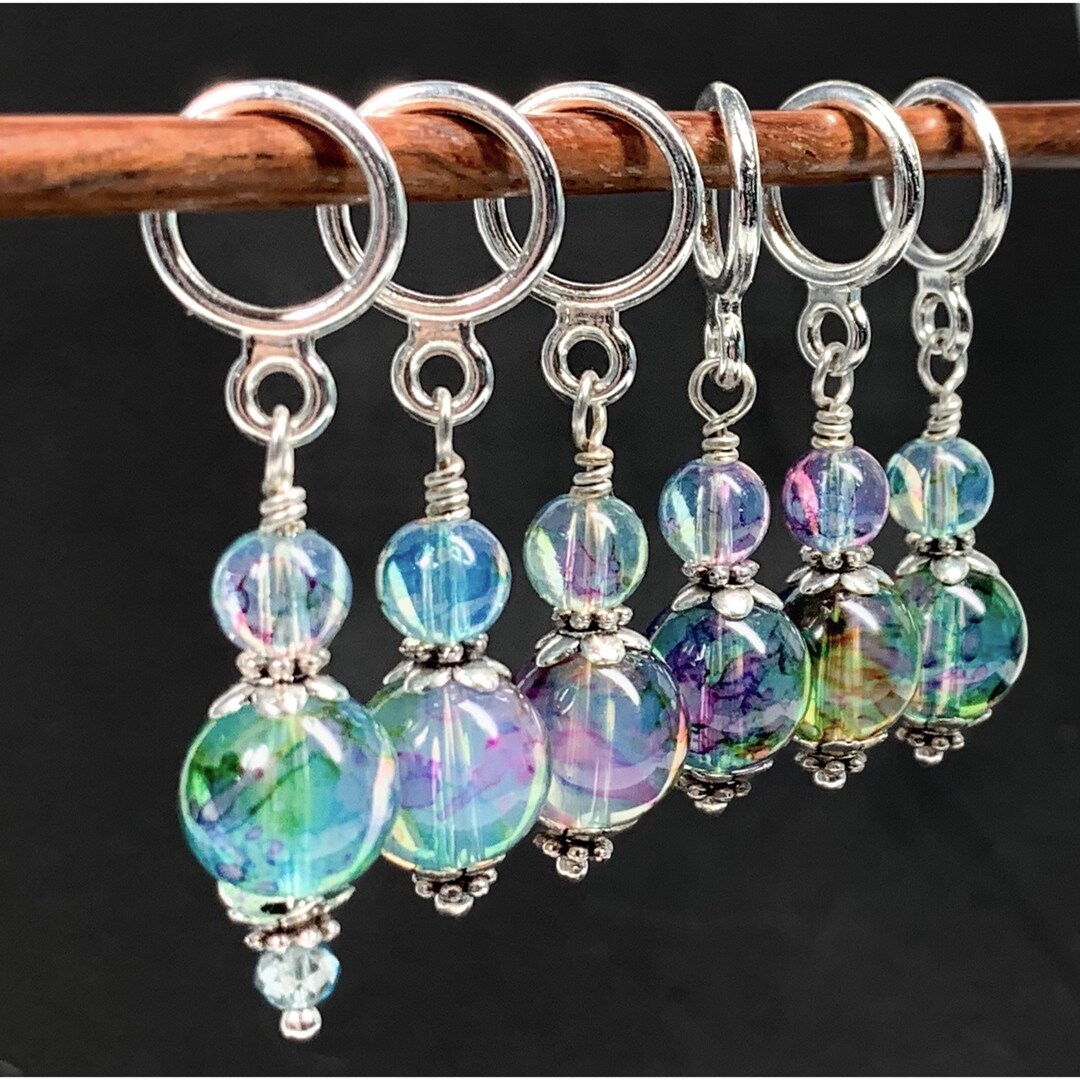 Opal Glass Bead Stitch Markers: Knitting Crochet Set, Optional Silk Bag ...