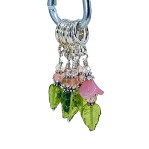 Pink Flower Glass Stitch Markers: Knitting Crochet Set, Optional Silk ...