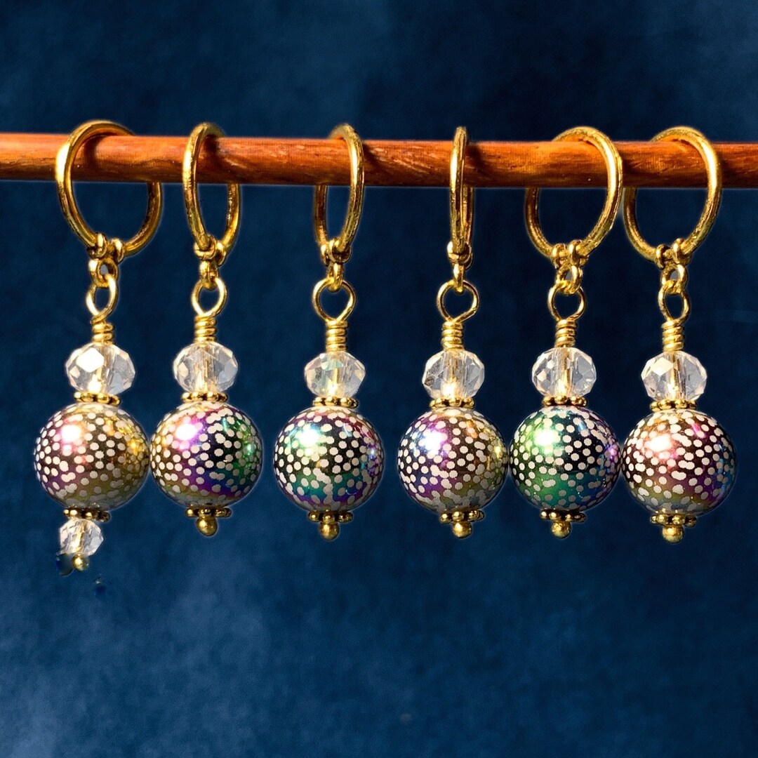 Nebula Glass Bead Stitch Markers: Gold-tone Knitting Crochet Set - Etsy