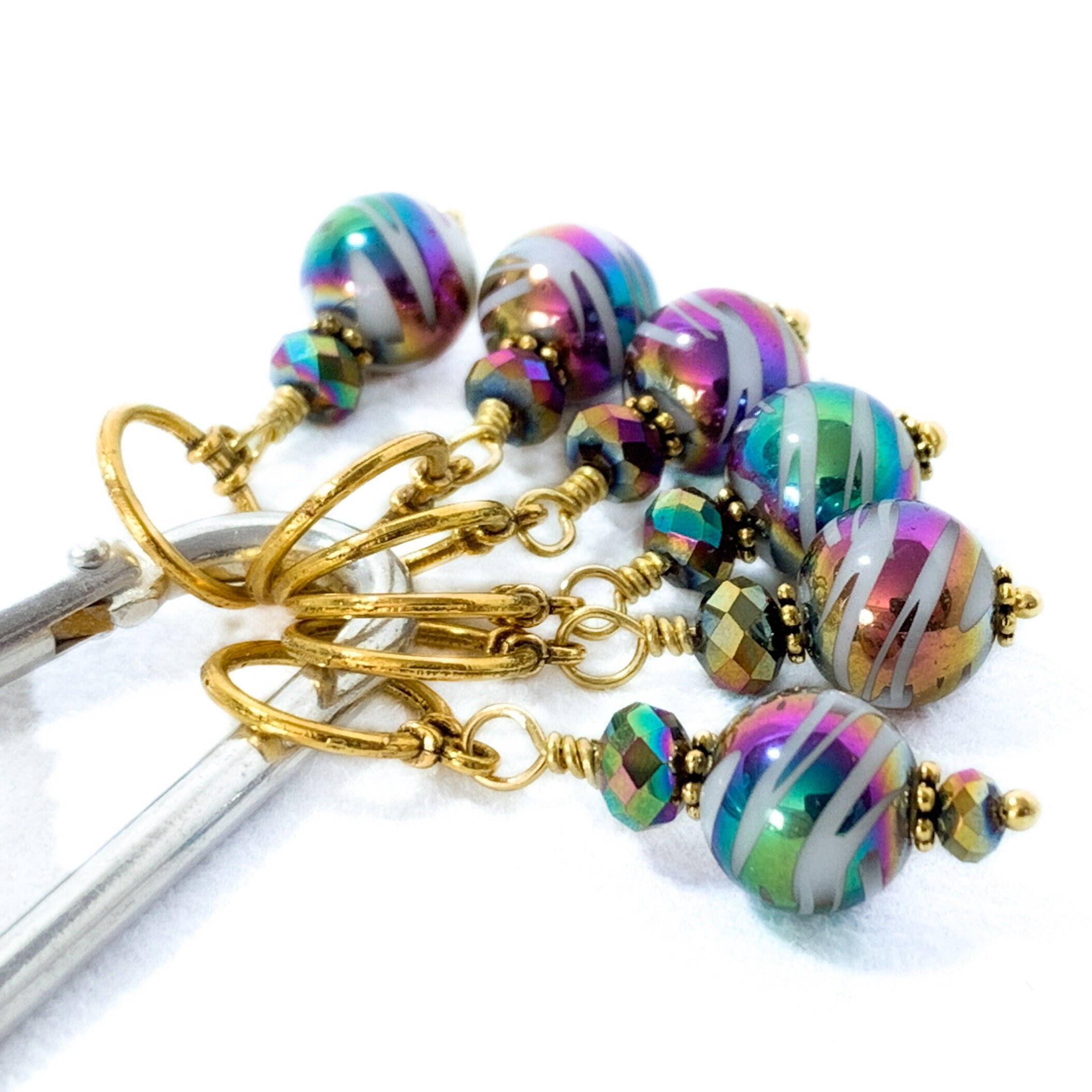 Rainbow Swirl Glass Bead Knitting Stitch Markers: Holiday Ornament - Etsy