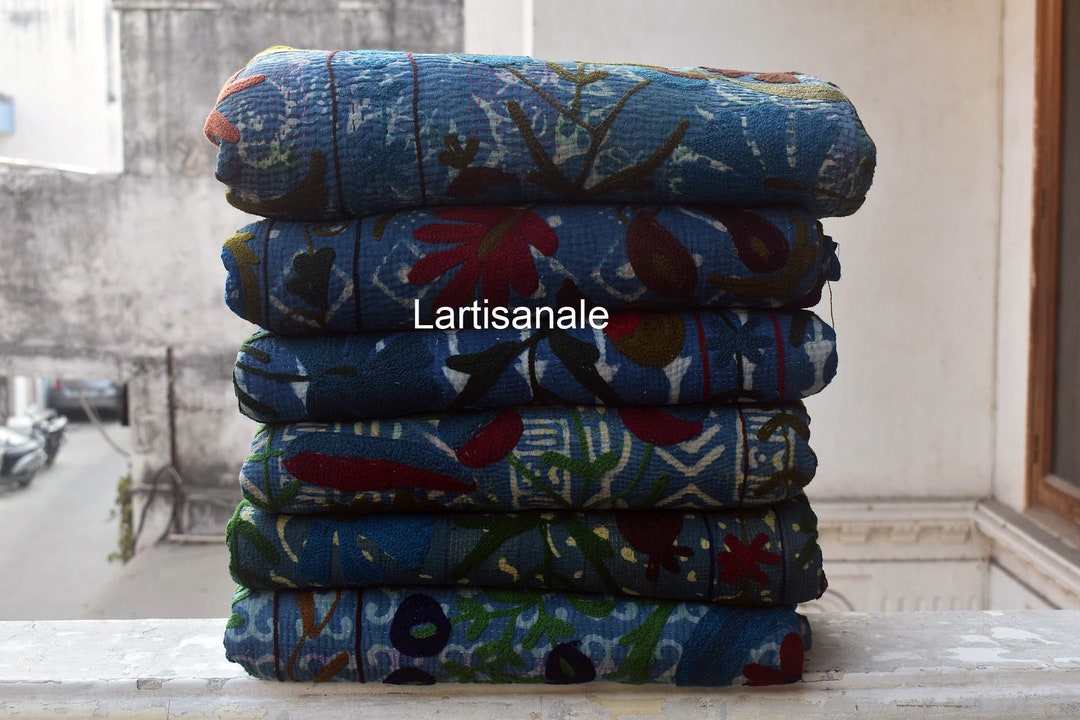 Vintage Indigo Suzani Kantha Quilt: Handmade Cotton Embroidery Throw - Etsy