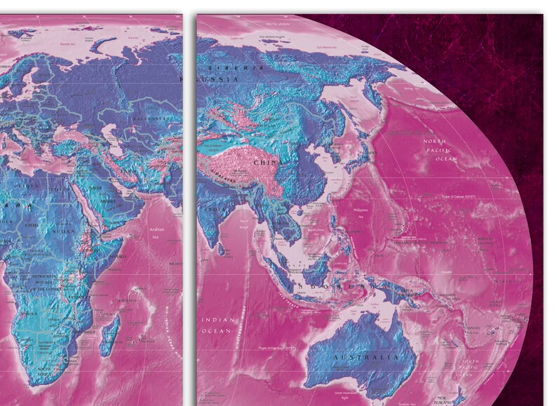 3 Panel Split World Map Canvas Print. With Colored Textured | Etsy