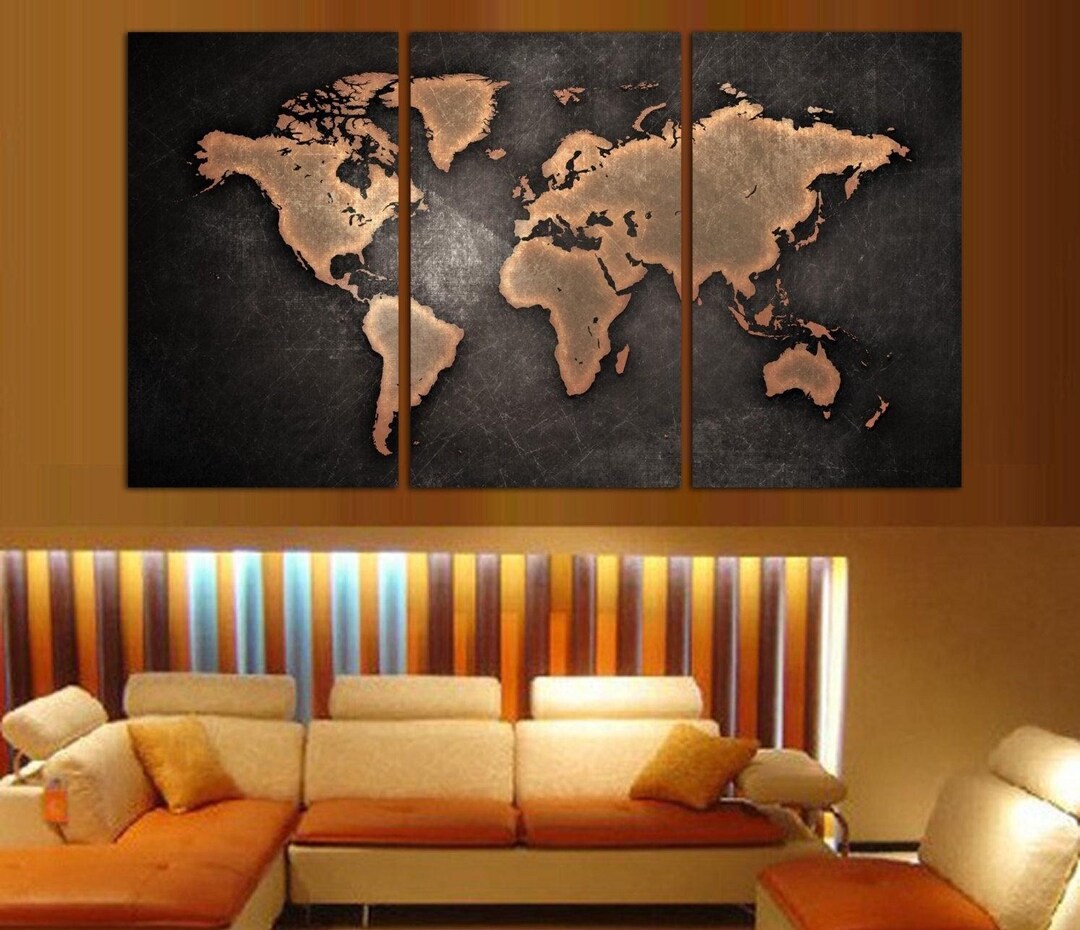 World Map Canvas Print 3 Panel Split, Modern Wall Art, Abstract World ...
