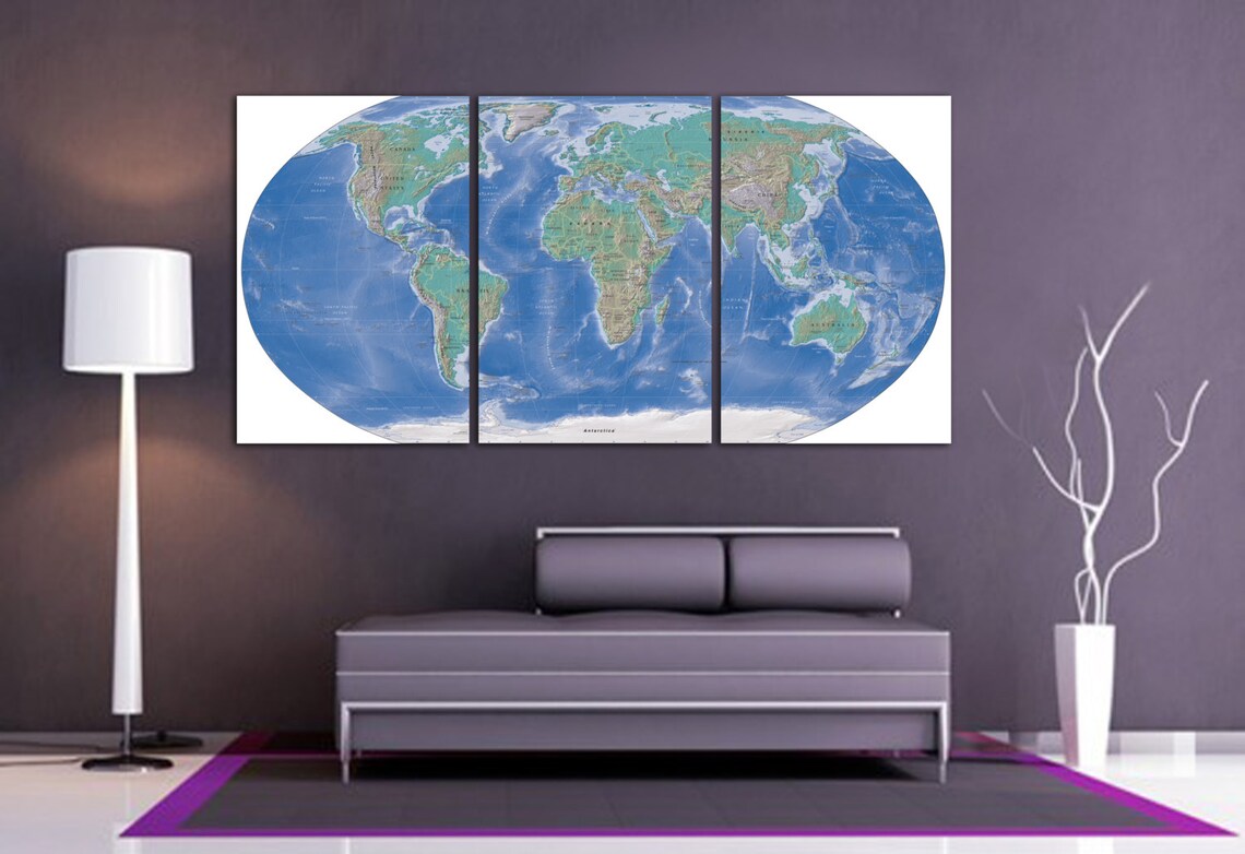 World Map Canvas Print: 3-panel Split Wall Art - Etsy