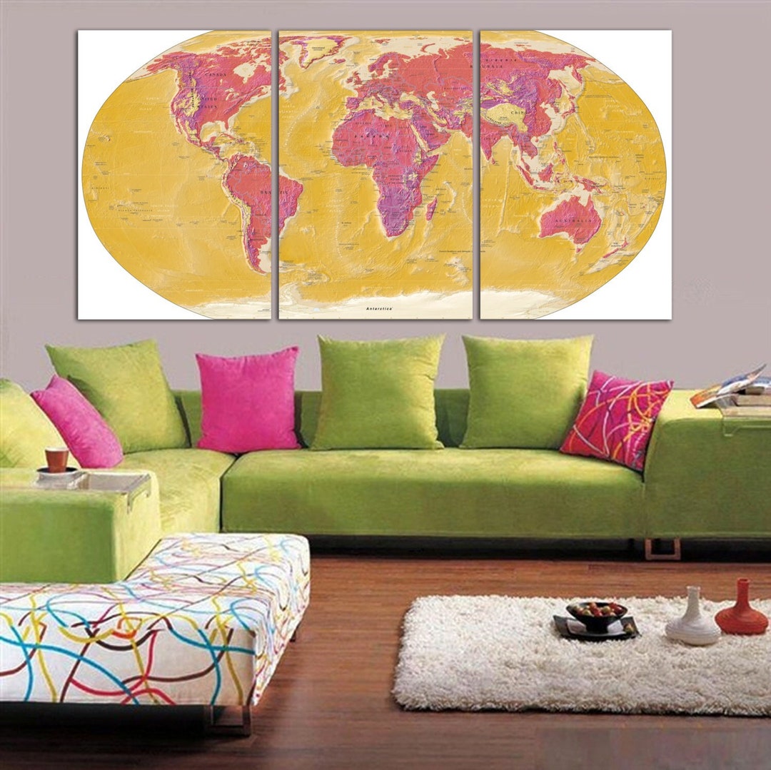 3 Panel Split World Map Canvas Print. White Background, Countries, City ...