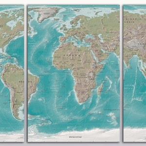 3 Panel Split World Map Canvas Print. White Background, Countries, City ...