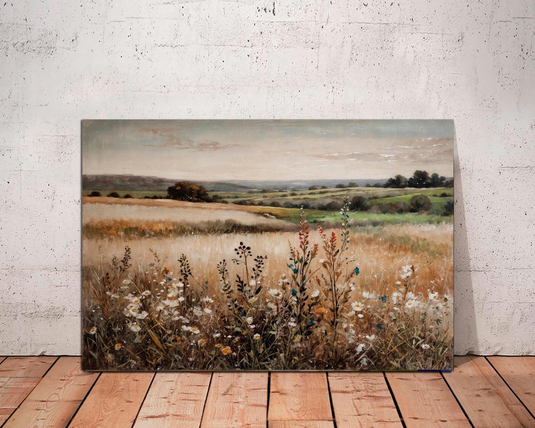 Wildflower Field Canvas Print: Vintage Botanical Landscape, Farmhouse ...