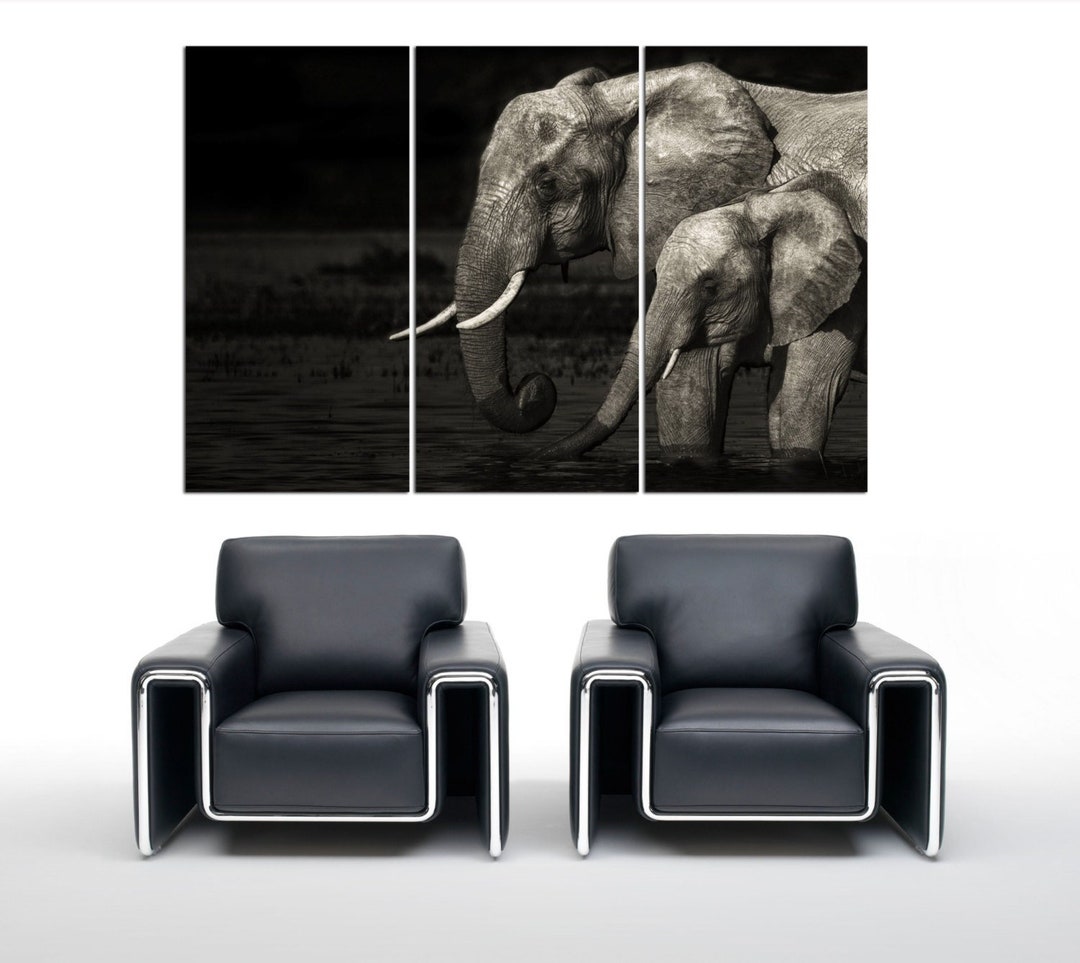 3 Panel Split Elephants Canvas Print. Black and White Drinking Water ...