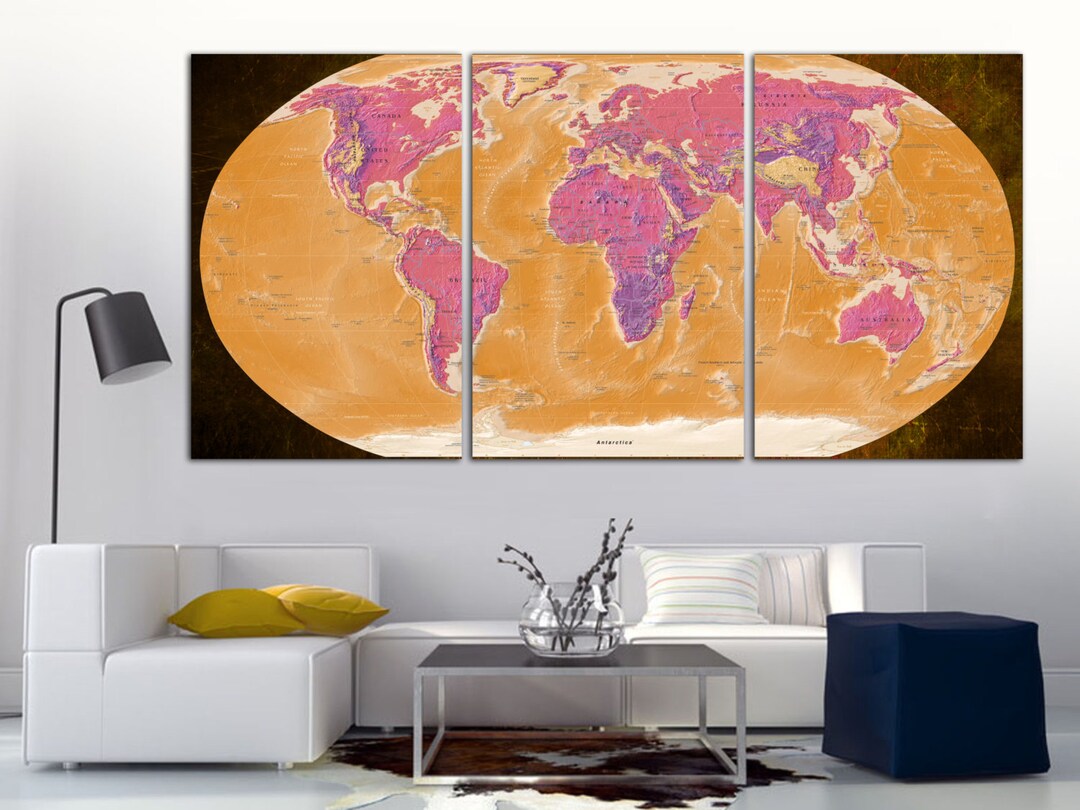 3 Panel Split World Map Canvas Print. With Colored Textured Background ...