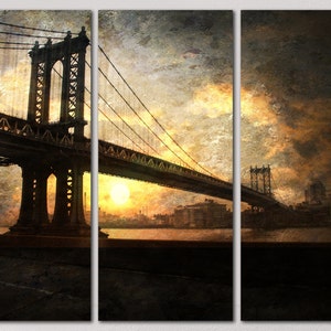 Paint Texture of Bridge, Sunset and City in Background. 3 Panel Split ...