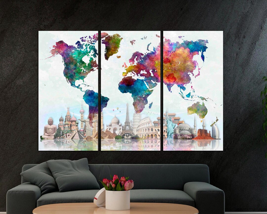 3-panel World Map Wall Art, World Map Office Art, World Map Canvas ...