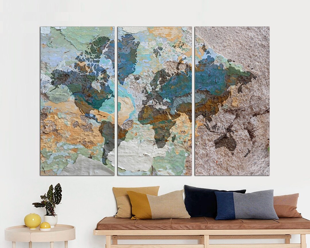 3-panel Split Abstract World Map Canvas Art World Map Poster Print ...