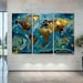 World Map Canvas Print 3 Panel Split, With Modern Blue Background ...