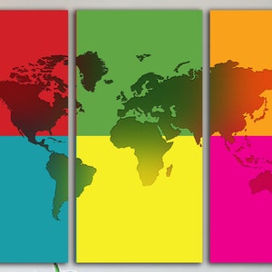 3 Panel Split World Map, Multi Color Art Triptych Canvas Print ...