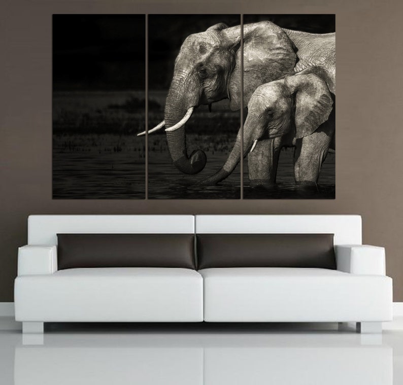 3 Panel split Elephants Canvas Print. Black and white drinking | Etsy
