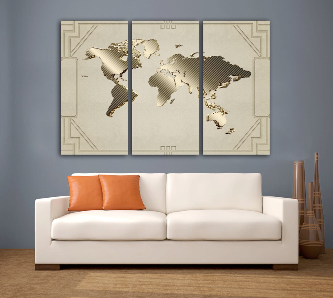 Gold World Map Canvas Print: 3-panel 3D Effect Triptych - Etsy