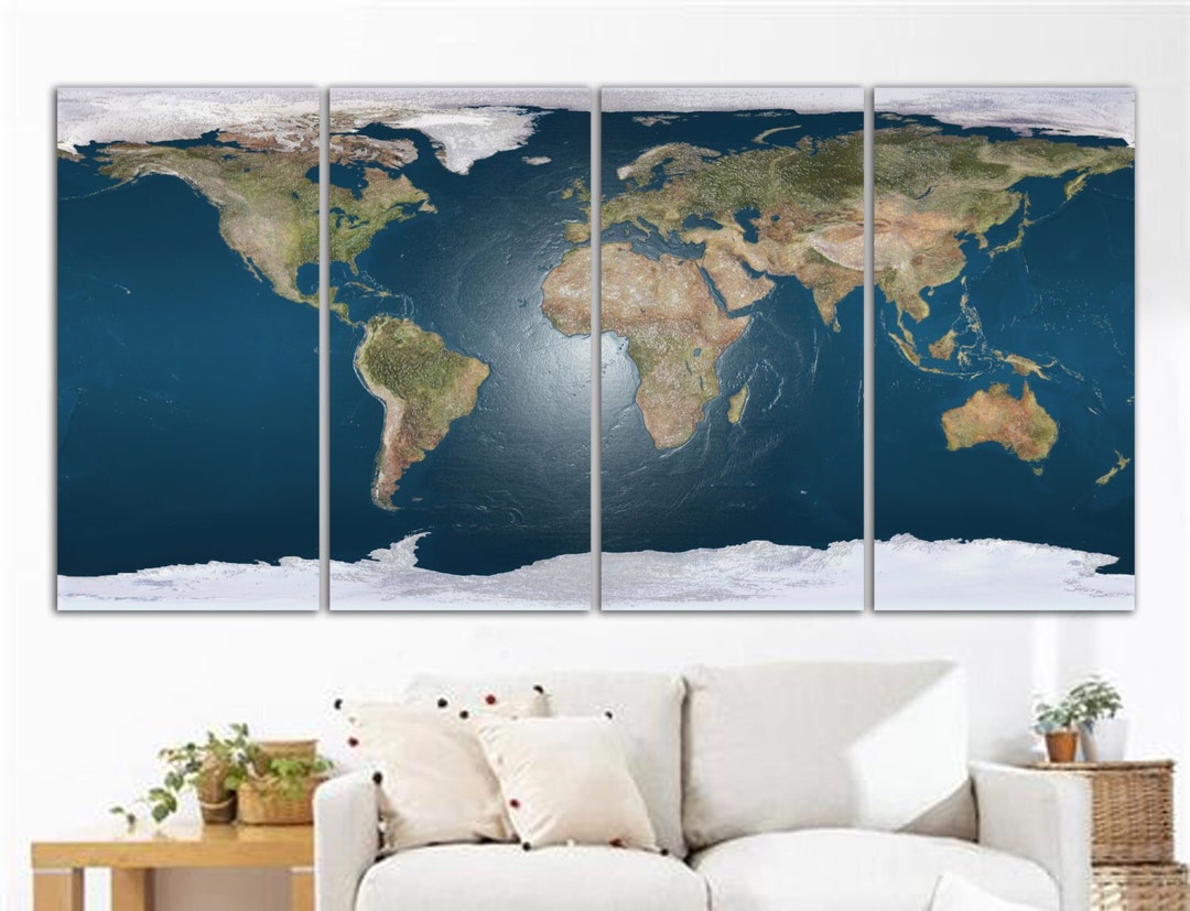 4 Panel Split World Map Canvas Print. Texture Digitally Applied ...