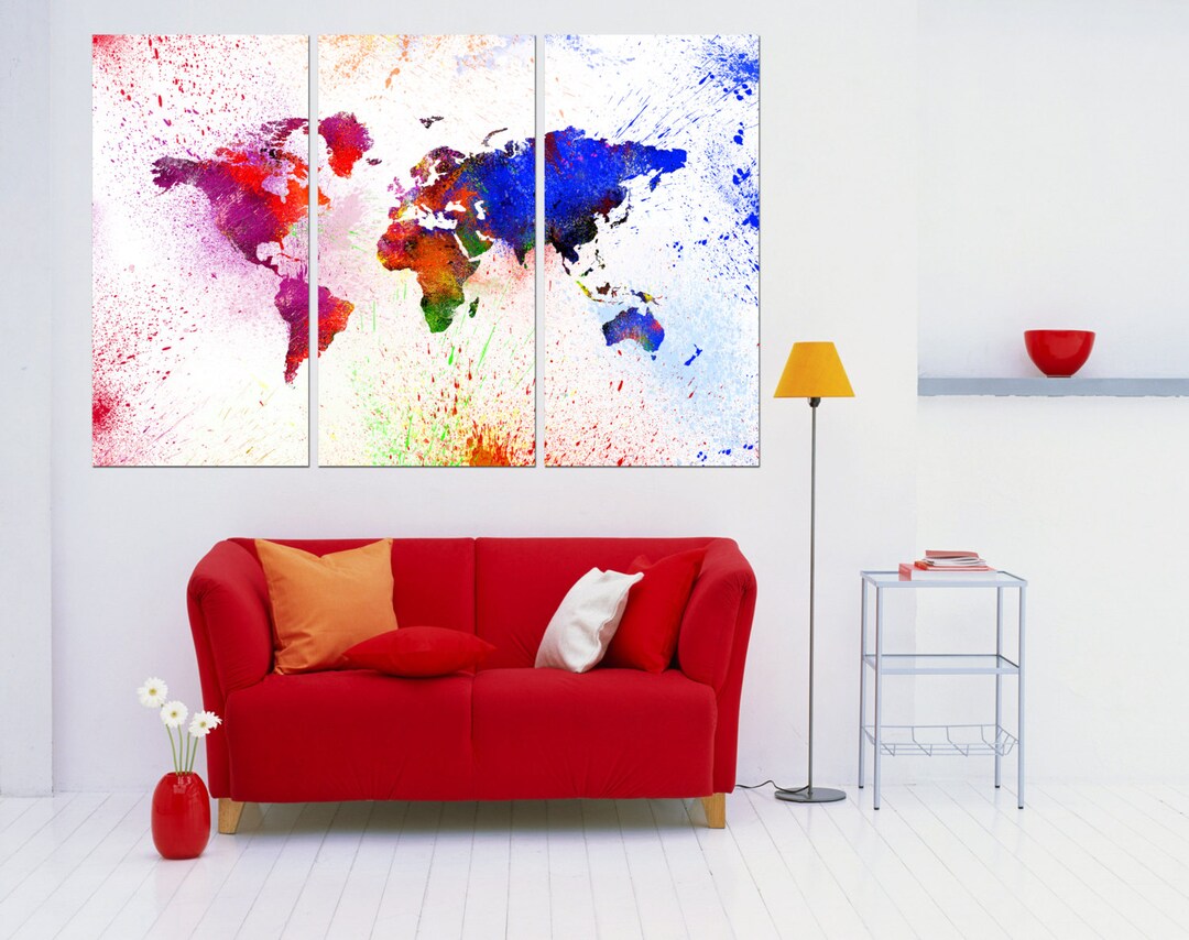 Colorful Paint Splatter World Map Canvas Print - Triptych Wall Art - Etsy