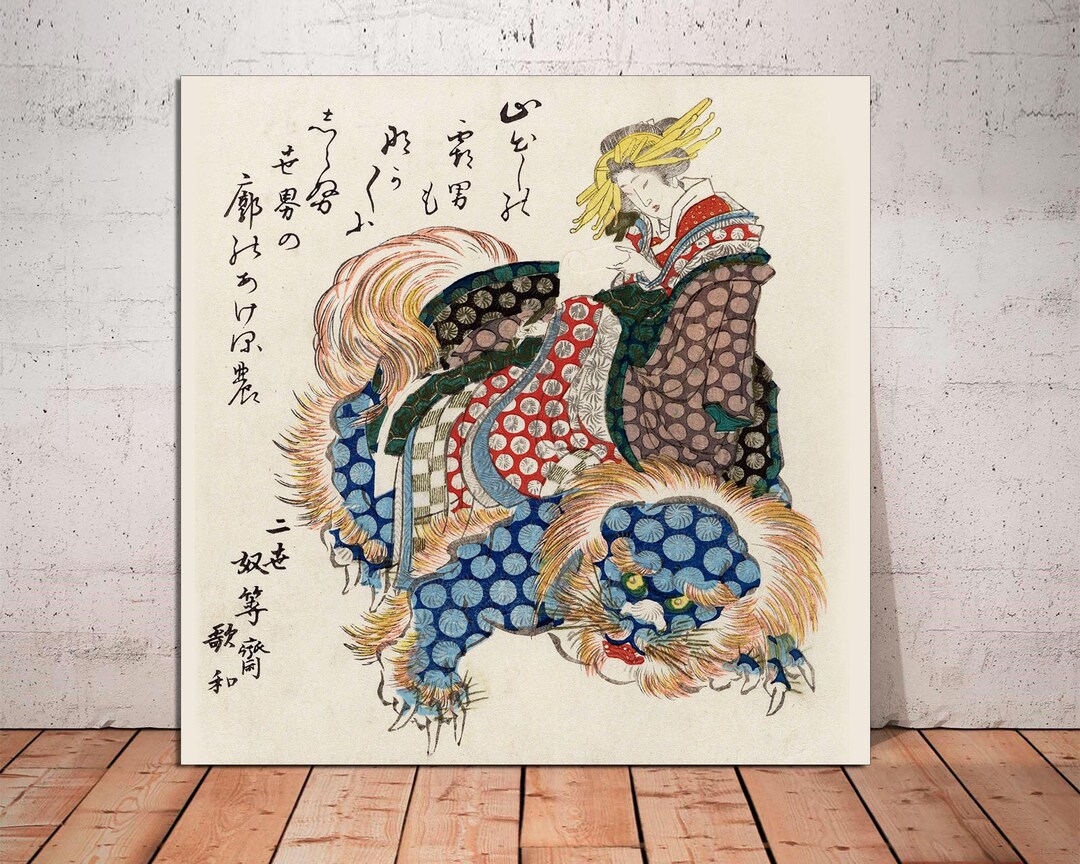 Woman Riding a Sishi by Totoya Hokkei Painting, Japanese Print ...