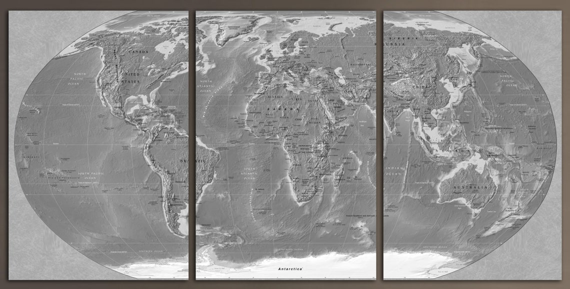 3 Panel Split World Map Canvas Print. Black and White - Etsy