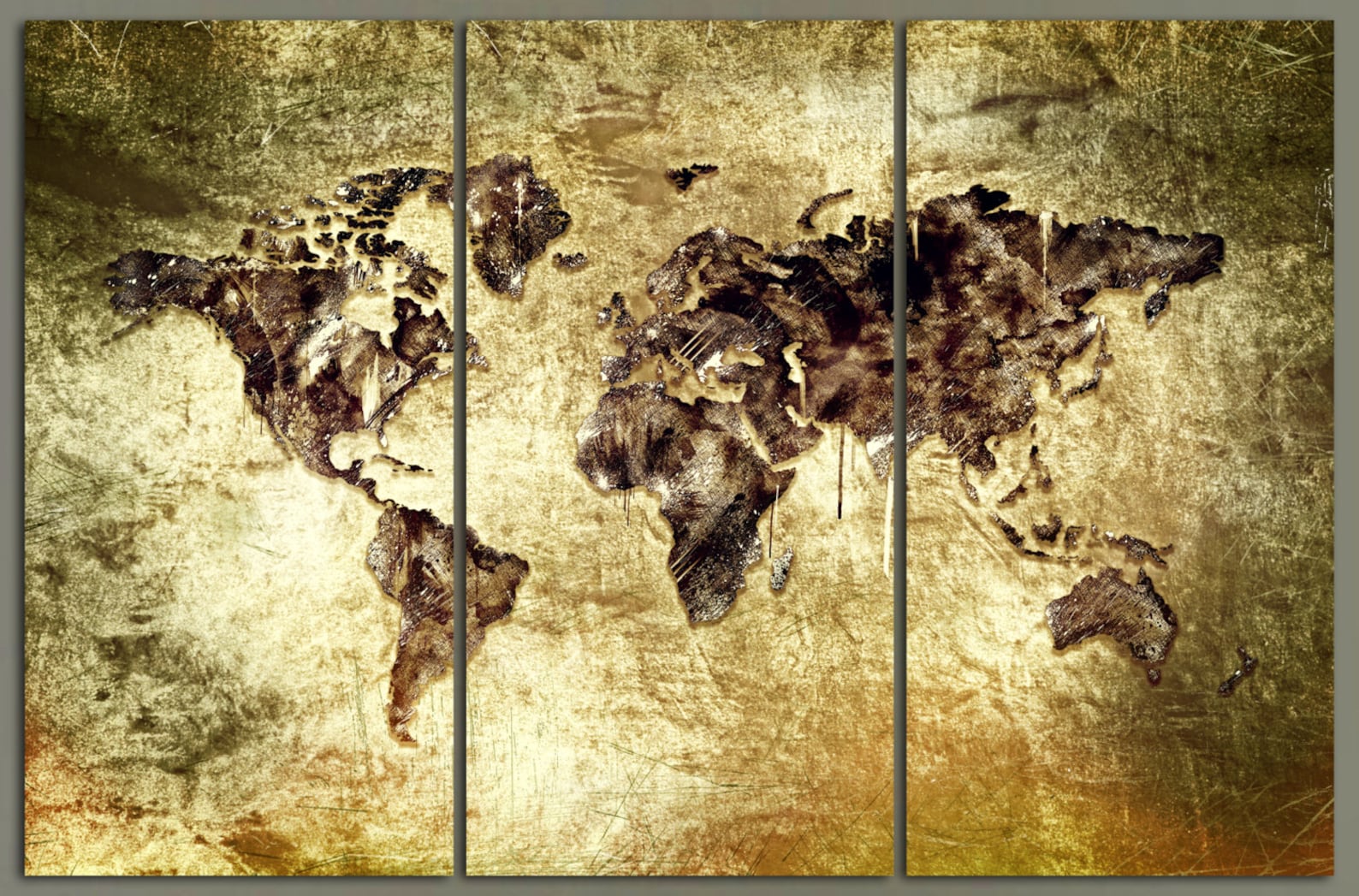 3 Panel Split Art World Map Canvas Printyellow Dramatic Look. - Etsy