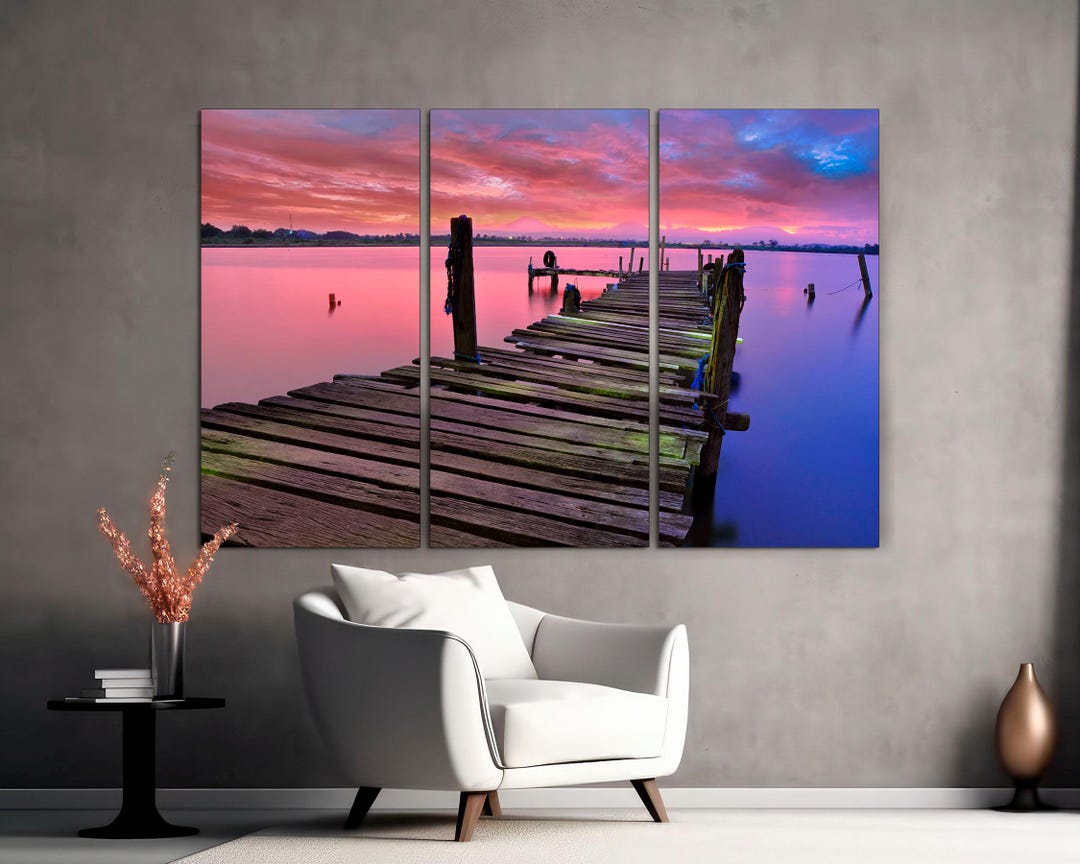 3-panel Canvas Split, Cloudy Lake, Docks Sunset Wall Art, Lakeside Dock ...