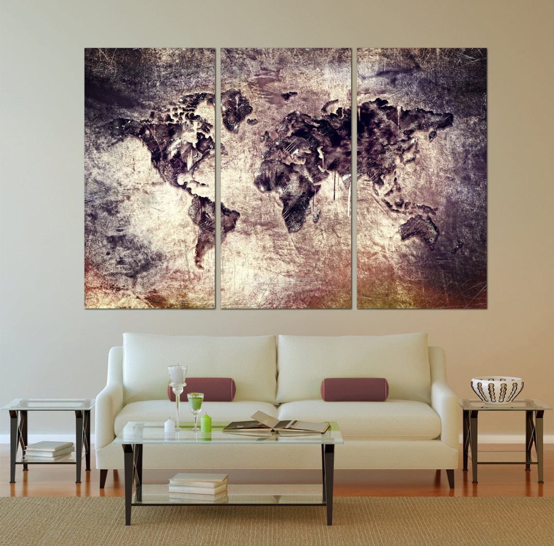 World Map Canvas Print 3 Panel Split Art Dramatic Look. - Etsy