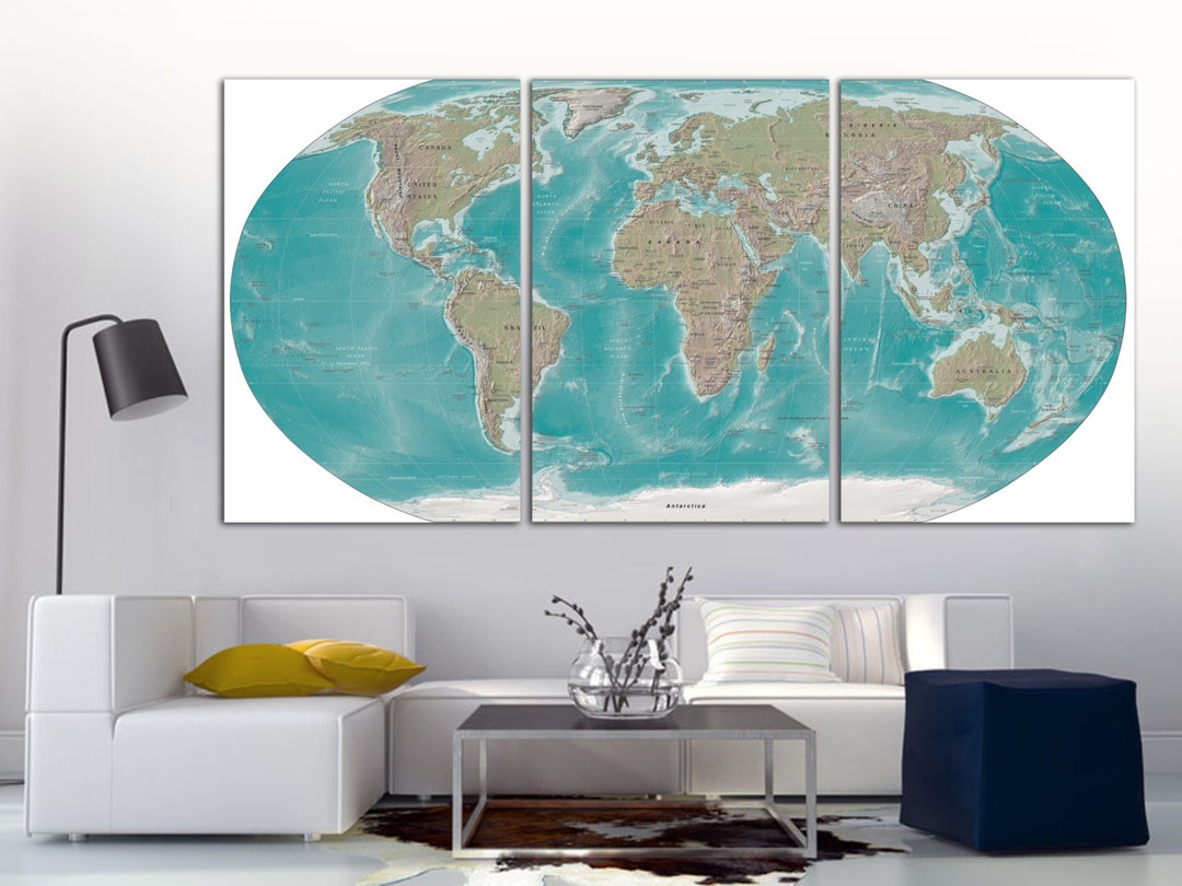 3 Panel Split World Map Canvas Print. White Background, Countries, City ...