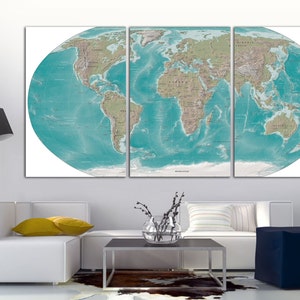 3 Panel Split World Map Canvas Print. White Background, Countries, City ...