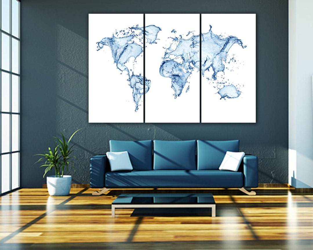 World Map Canvas Print, 3 Panel Canvas Water Splash. Triptych, Art for ...