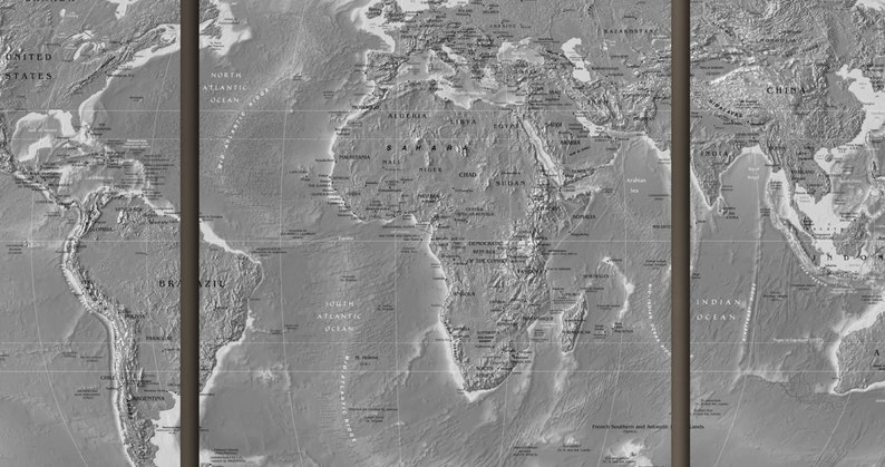 3 Panel Split World Map Canvas Print. Black and White - Etsy