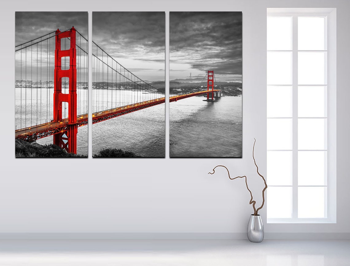 SF Golden Gate Bridge 3 Panel Split Canvas Triptych Color | Etsy