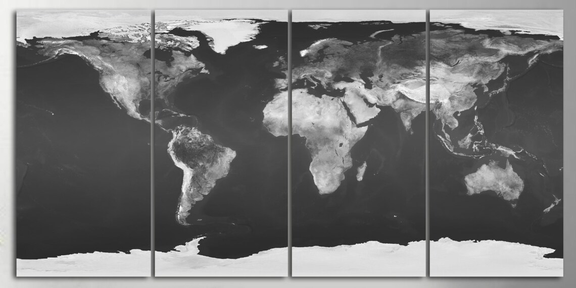 4 Panel Split Black and White Art World Map Canvas Print | Etsy