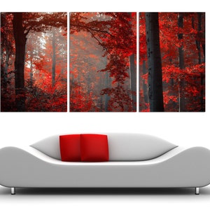 3 Panel Split Beautiful Red Forest Canvas Print, Red Leafs Forest. for ...