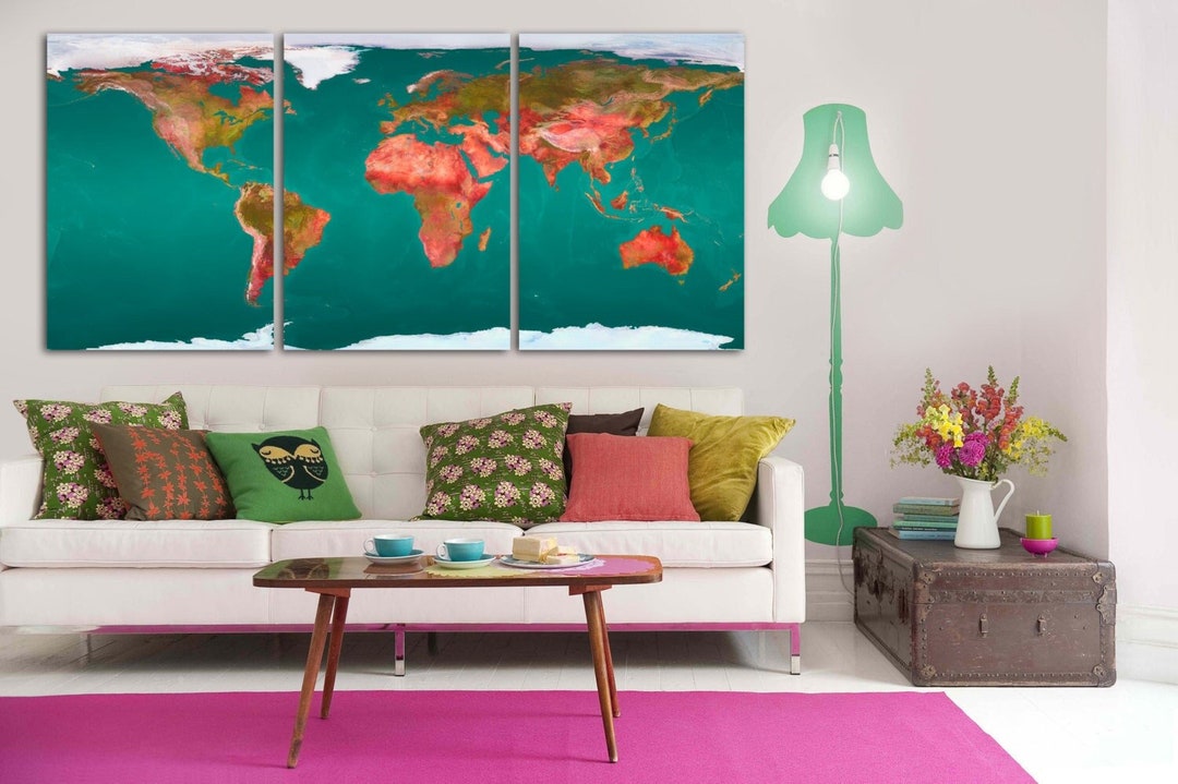 3 Panel World Map Canvas Print: Vibrant Colors, Textured Art - Etsy