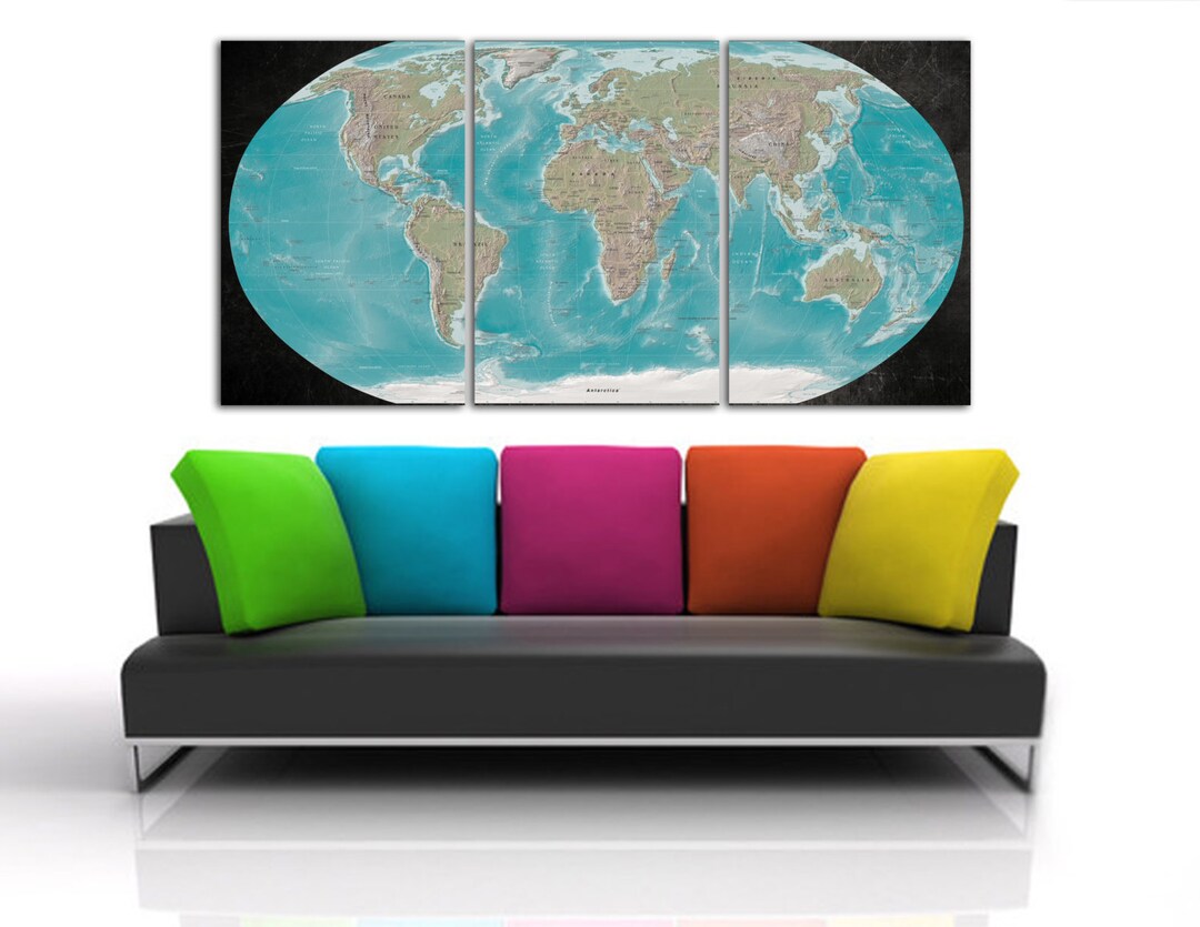 3 Panel Split World Map Canvas Print. With Colored Textured Background ...