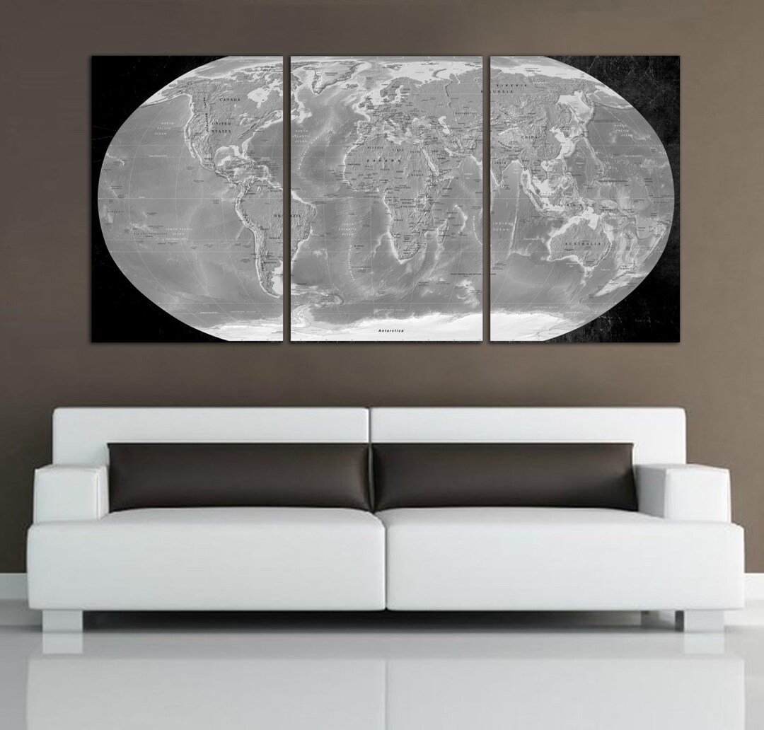 3 Panel Split World Map Canvas Print. Black and White, Textured ...