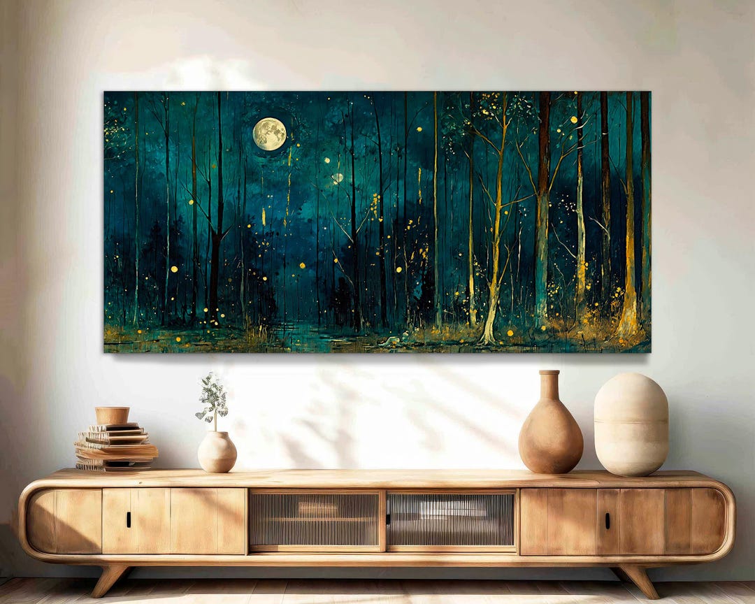 Moon & Stars Canvas Print: Vintage Forest Landscape, Mystical Night Sky ...