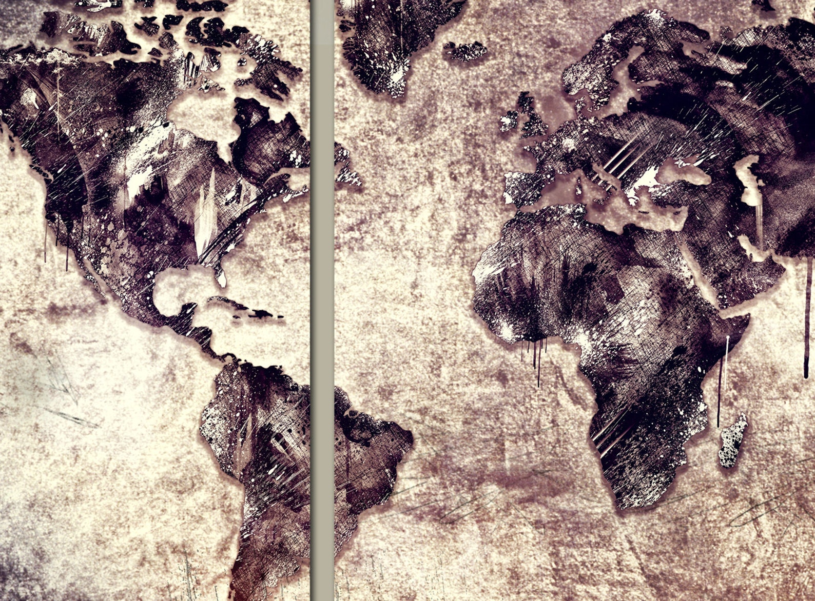 World Map Canvas Print 3 Panel Split Art Dramatic Look. - Etsy
