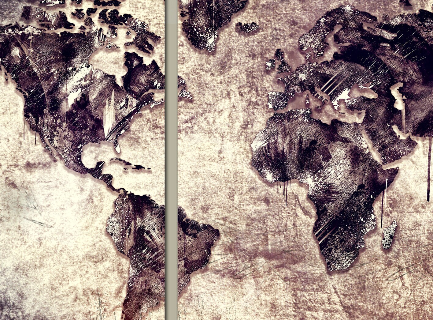 World Map Canvas Print 3 Panel Split Art Dramatic Look. - Etsy
