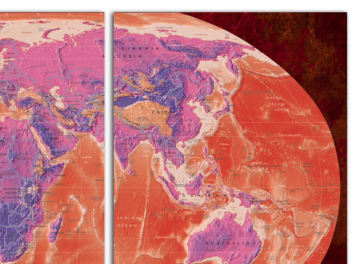 3 Panel Split World Map Canvas Print. With Colored Textured - Etsy