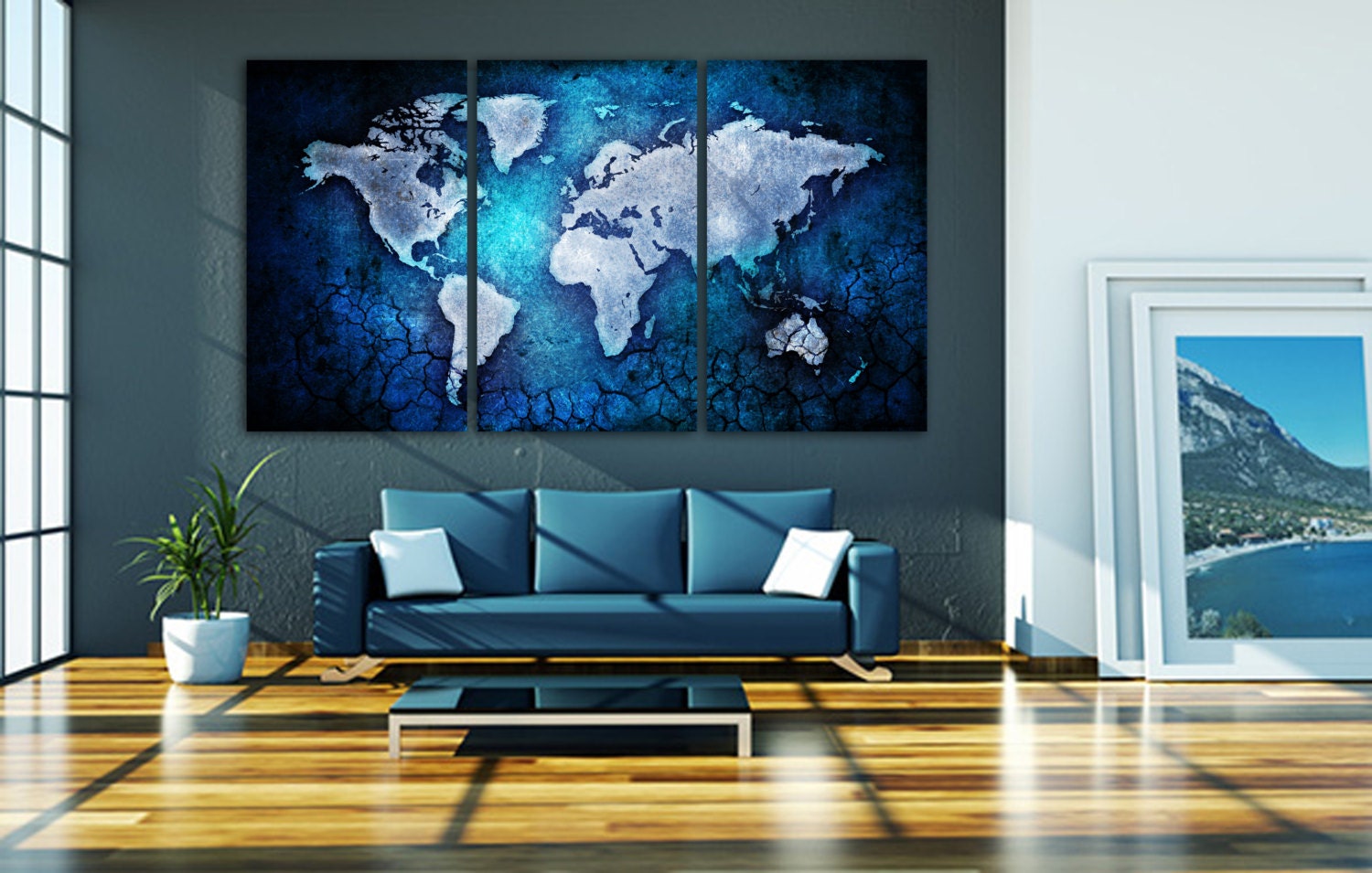 3 Panel Split Blue Texture Art World Map Canvas Print | Etsy