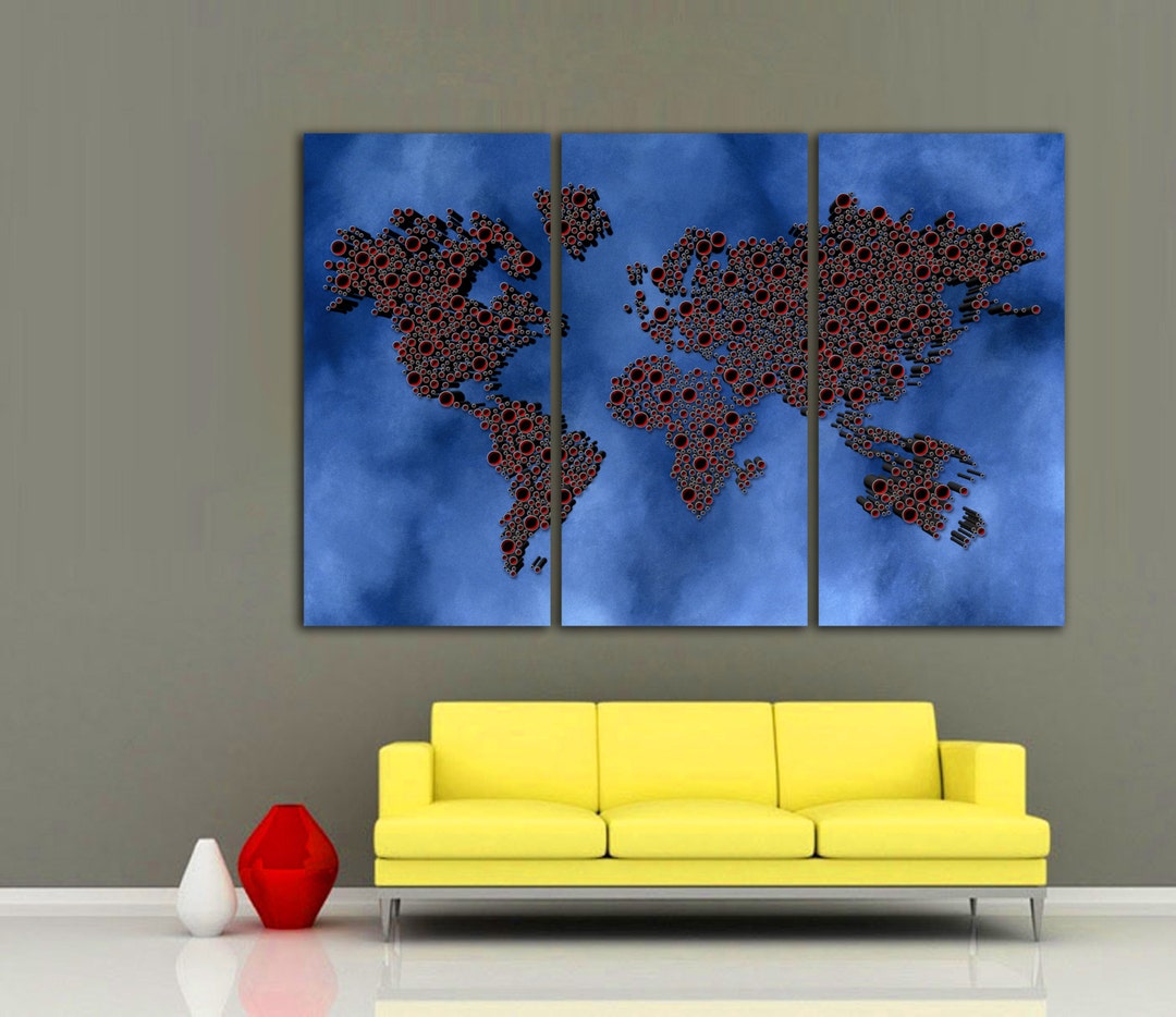3 Panel Split Red Color Art 3D World Map Canvas Print, Red Dots 1.5 ...