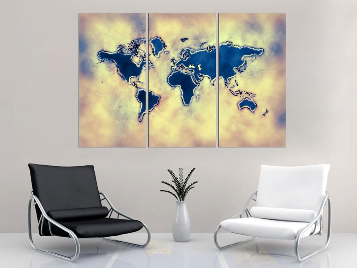 3 Panel Split Art World Map Canvas Print With Dramatic Look - Etsy