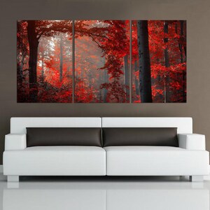 3 Panel Split Beautiful Red Forest Canvas Print, Red Leafs Forest. for ...