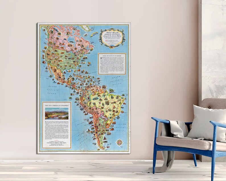Vintage Pictorial Map of the Americas: Pan American Highway Canvas ...