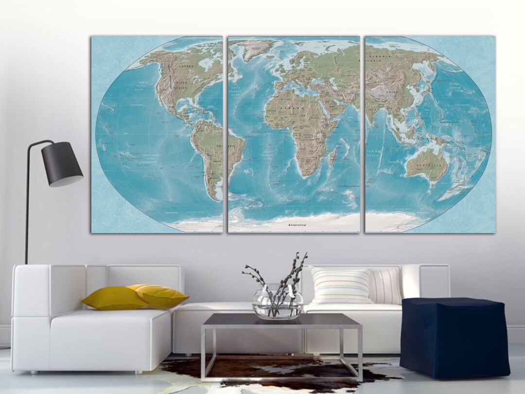 3 Panel Canvas Split World Map Print. With Colored Textured Background ...
