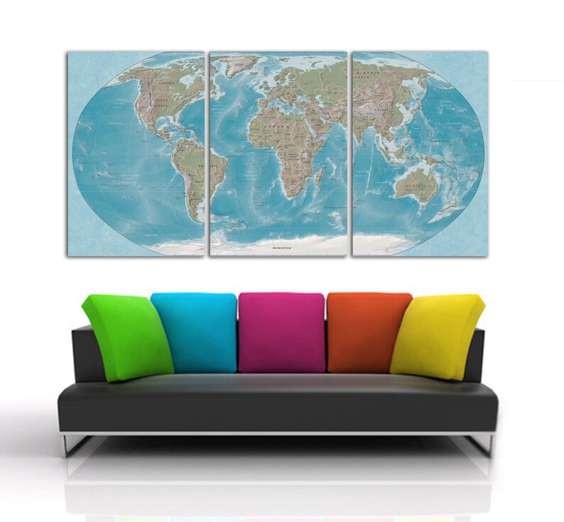 3 Panel Canvas Split World Map Print. With Colored Textured | Etsy