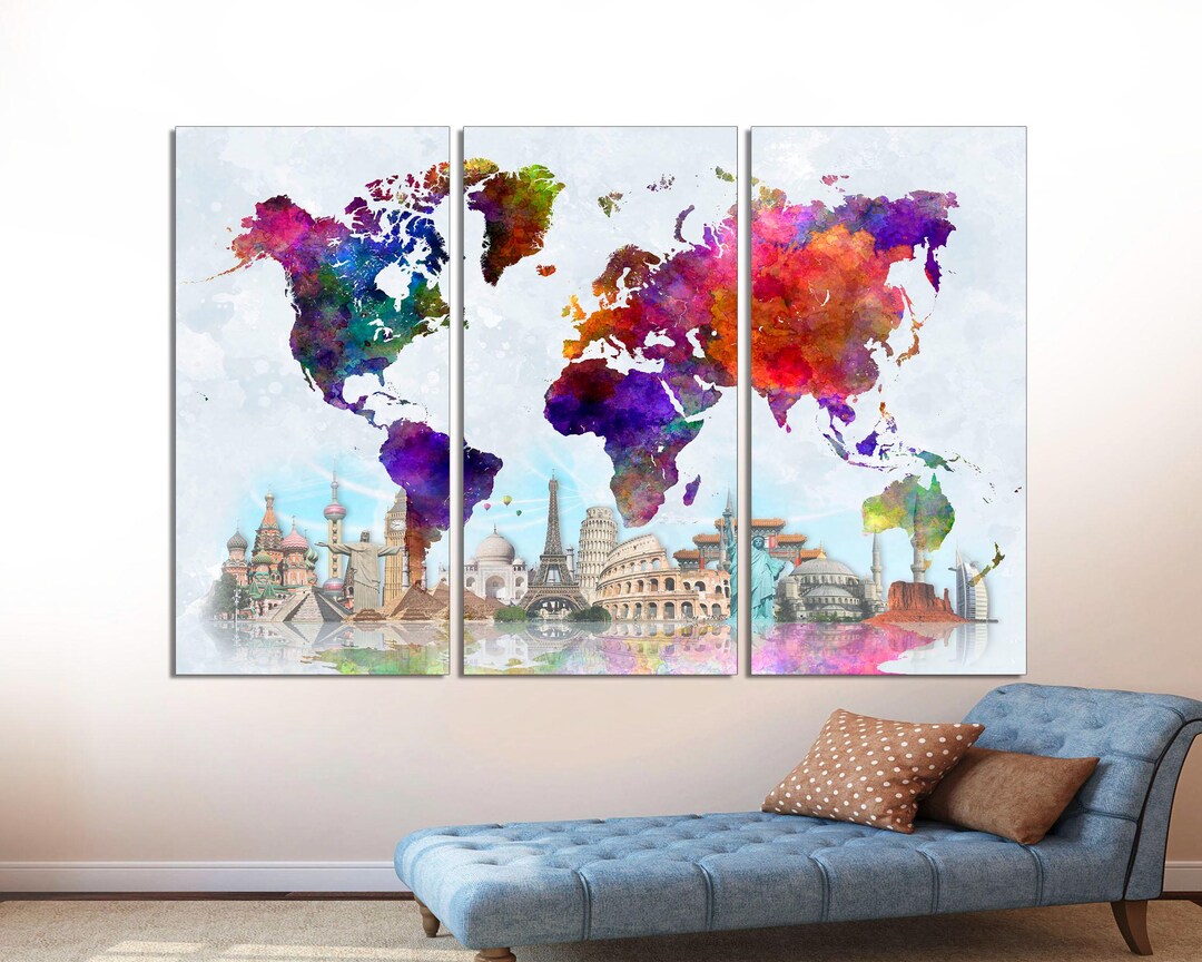 3-panel Split Canvas, Modern Map of World Wonders, Abstract World Map ...