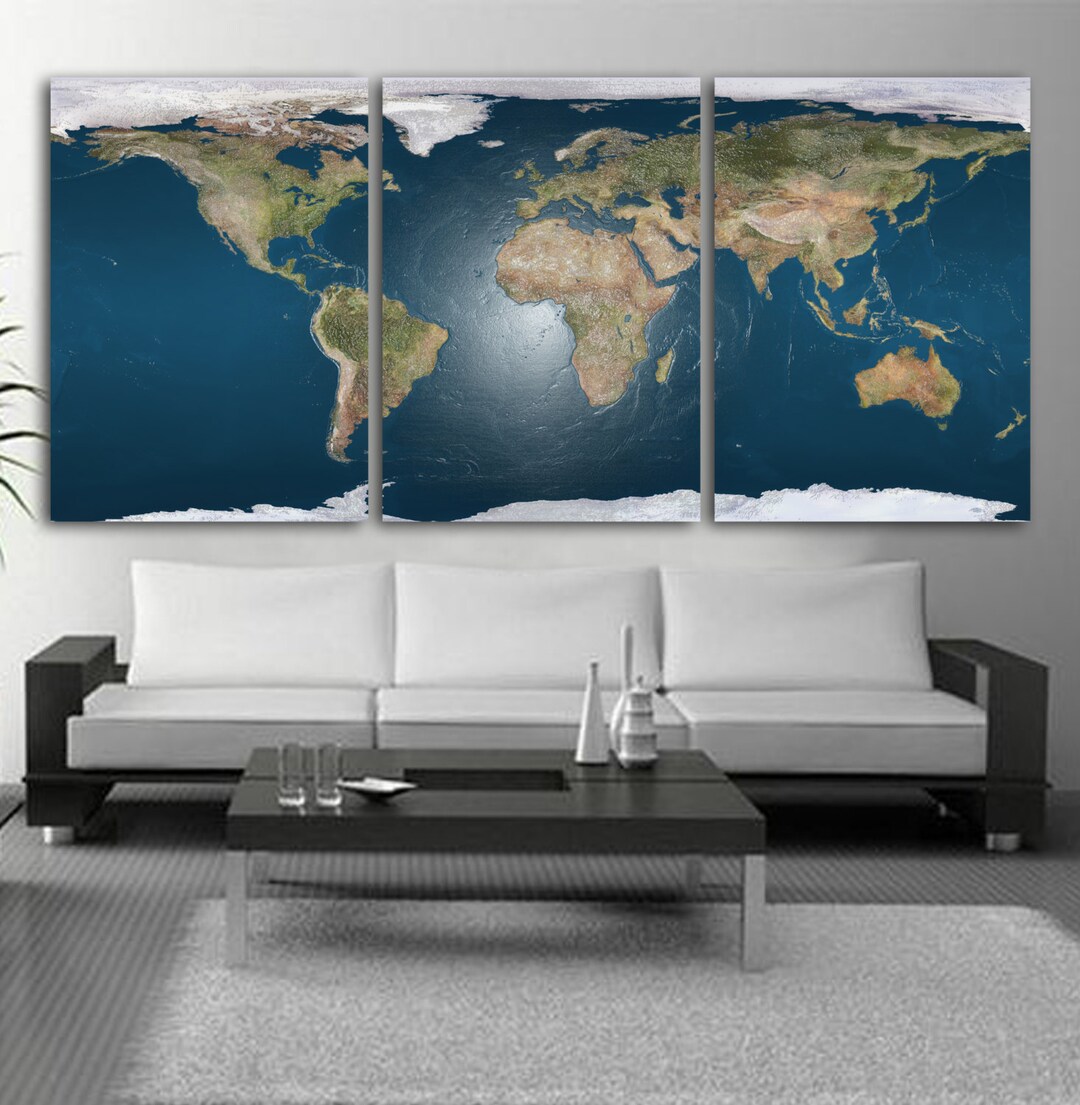 3 Panel Split World Map Canvas Print. Digitally Bubble Texture - Etsy
